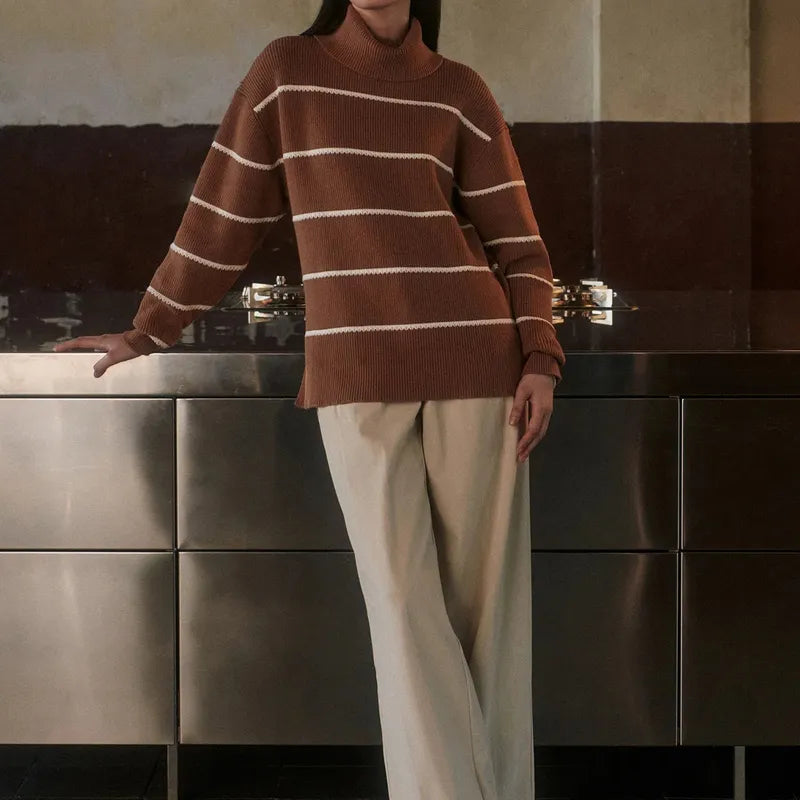 Varley Women's Striped Turtleneck Sweater - Brown/White – Open Court