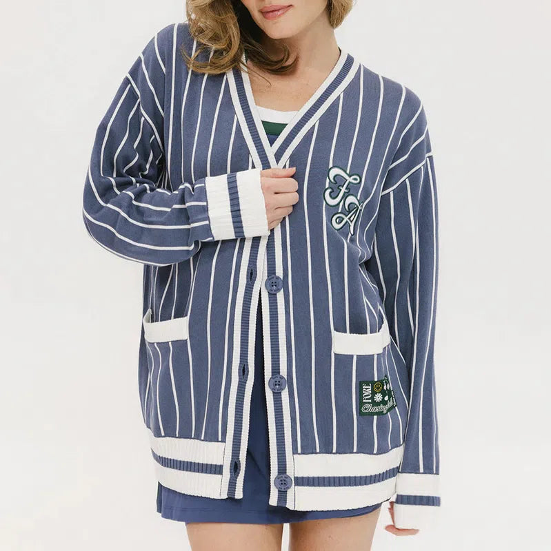 Fore All Dot Women's Varsity Cardigan - Pinstripe Indigo White – Open Court